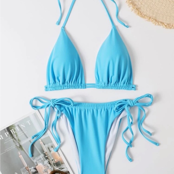 ROMWE | Swim | Nwot Blue Solid Tie Side Bikini | Poshmark